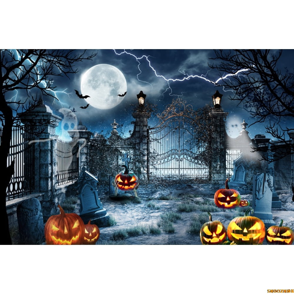 Hallowe Backdrop Horror Night Moon Castle Forest Scary Cemetery Pumpkin ...