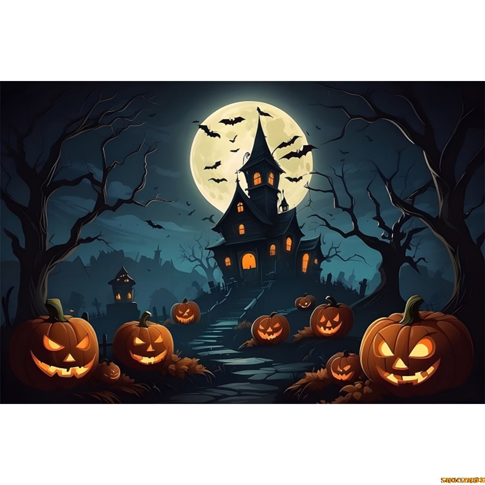 Hallowe Backdrop Horror Night Moon Castle Forest Scary Cemetery Pumpkin ...