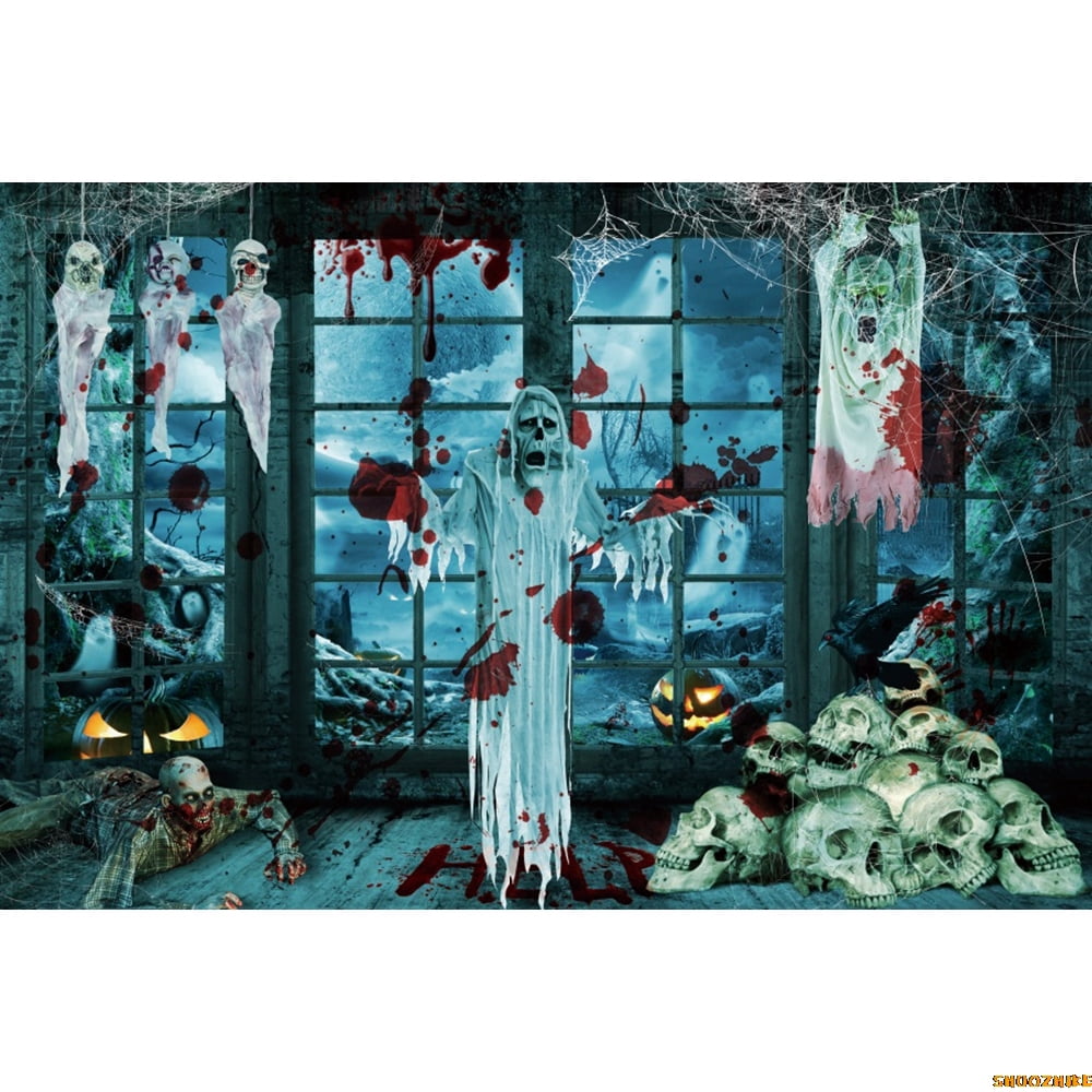 Hallowe Backdrop Horror Night Moon Castle Forest Scary Cemetery Pumpkin ...