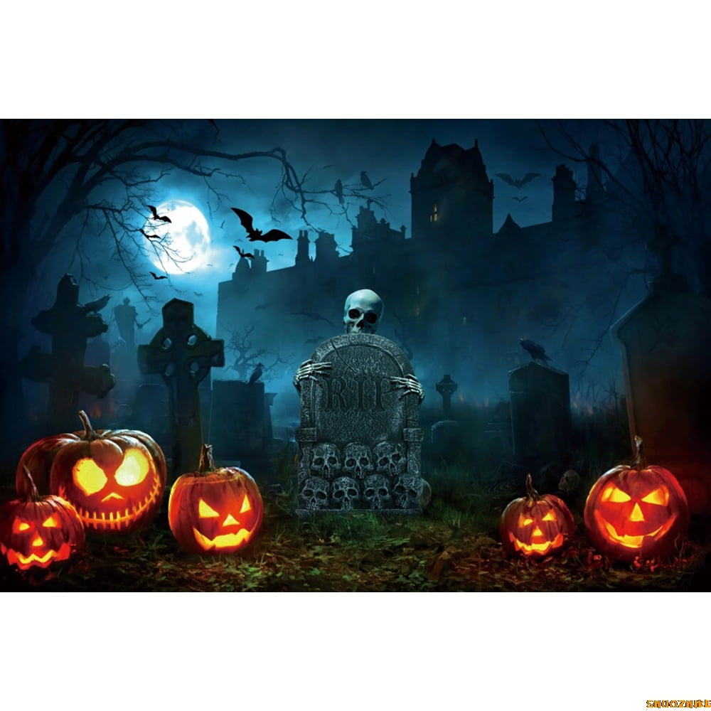 Hallowe Backdrop Horror Night Moon Castle Forest Scary Cemetery Pumpkin ...