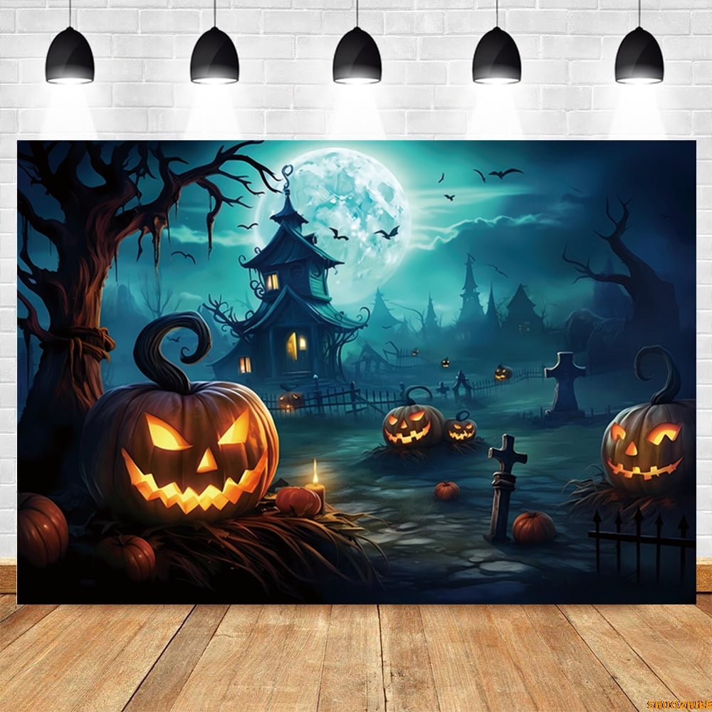 Hallowe Background Night Full Moon Dark Forest Horror Pumpkin Lanterns ...