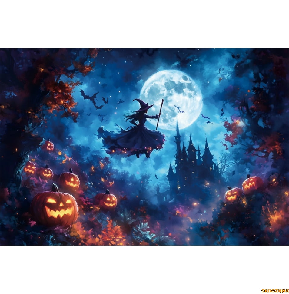 Hallowe Mysterious Witch Backdrop Old Church Pumpkin Lantern Full Moon ...