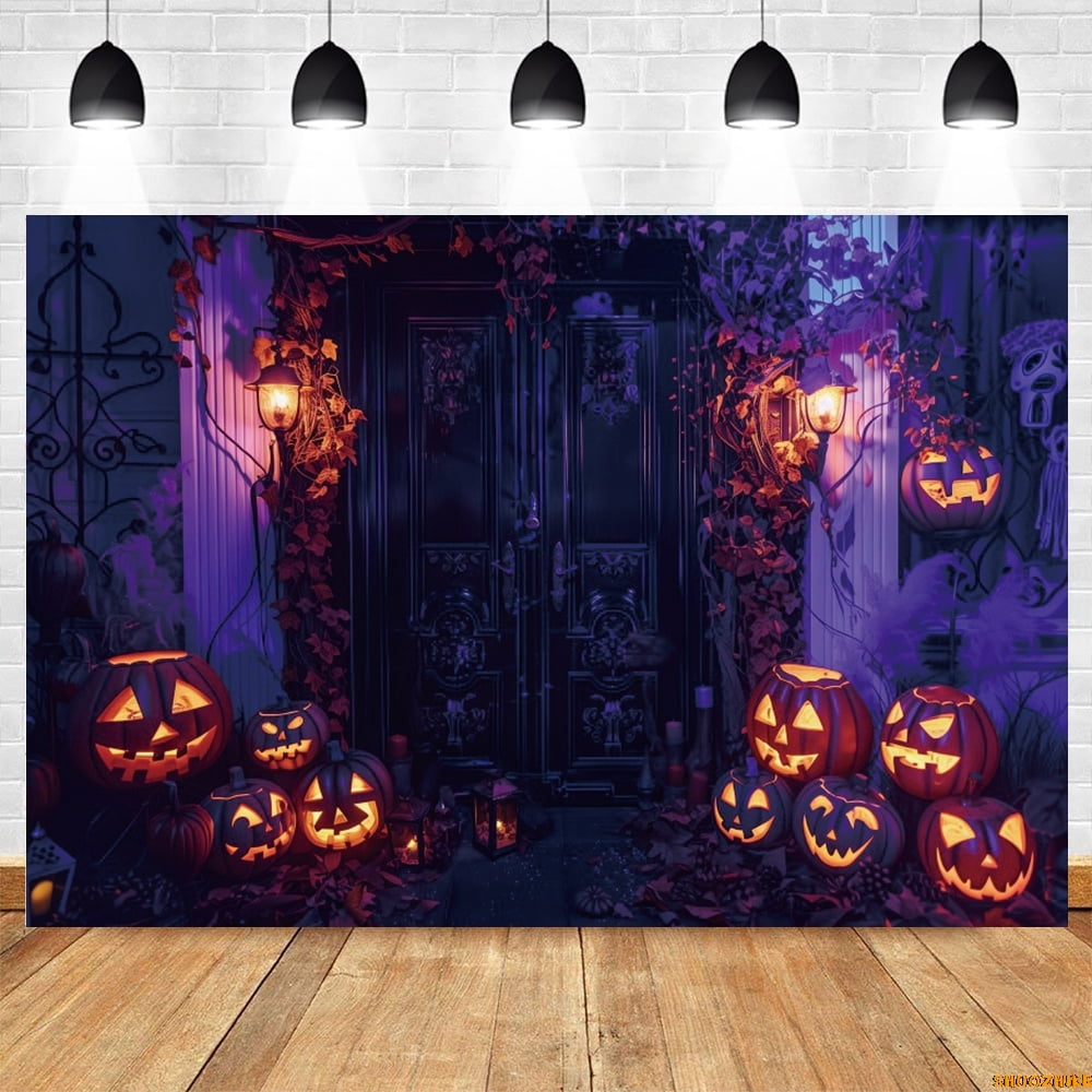 Hallowe Party Backdrop r Pumpkin Lanterns Retro Castle Door Kids ...