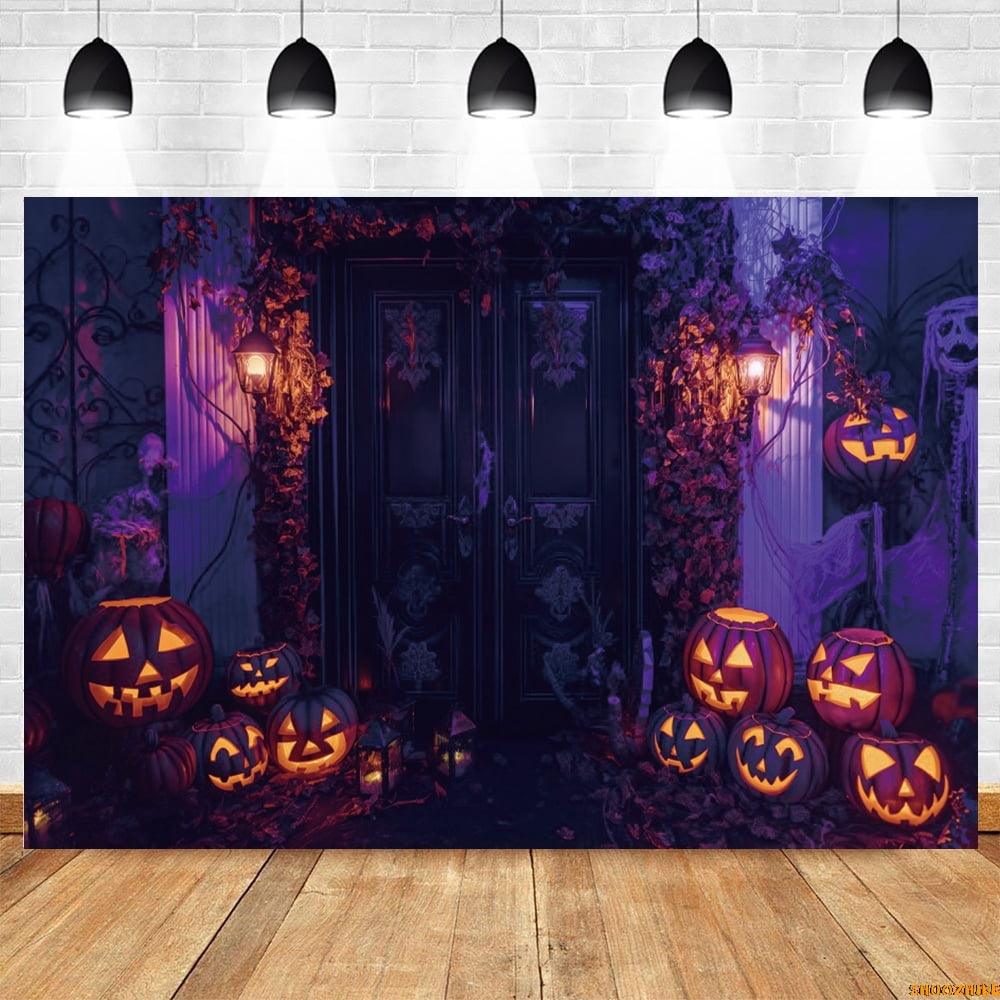 Hallowe Party Backdrop r Pumpkin Lanterns Retro Castle Door Kids ...