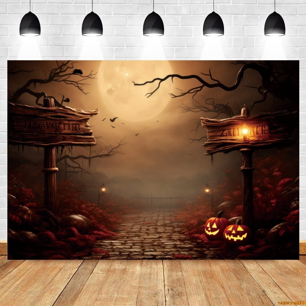 Hallowe Photography Backdrop Full Moon Scary Night Castle Pumpkin ...