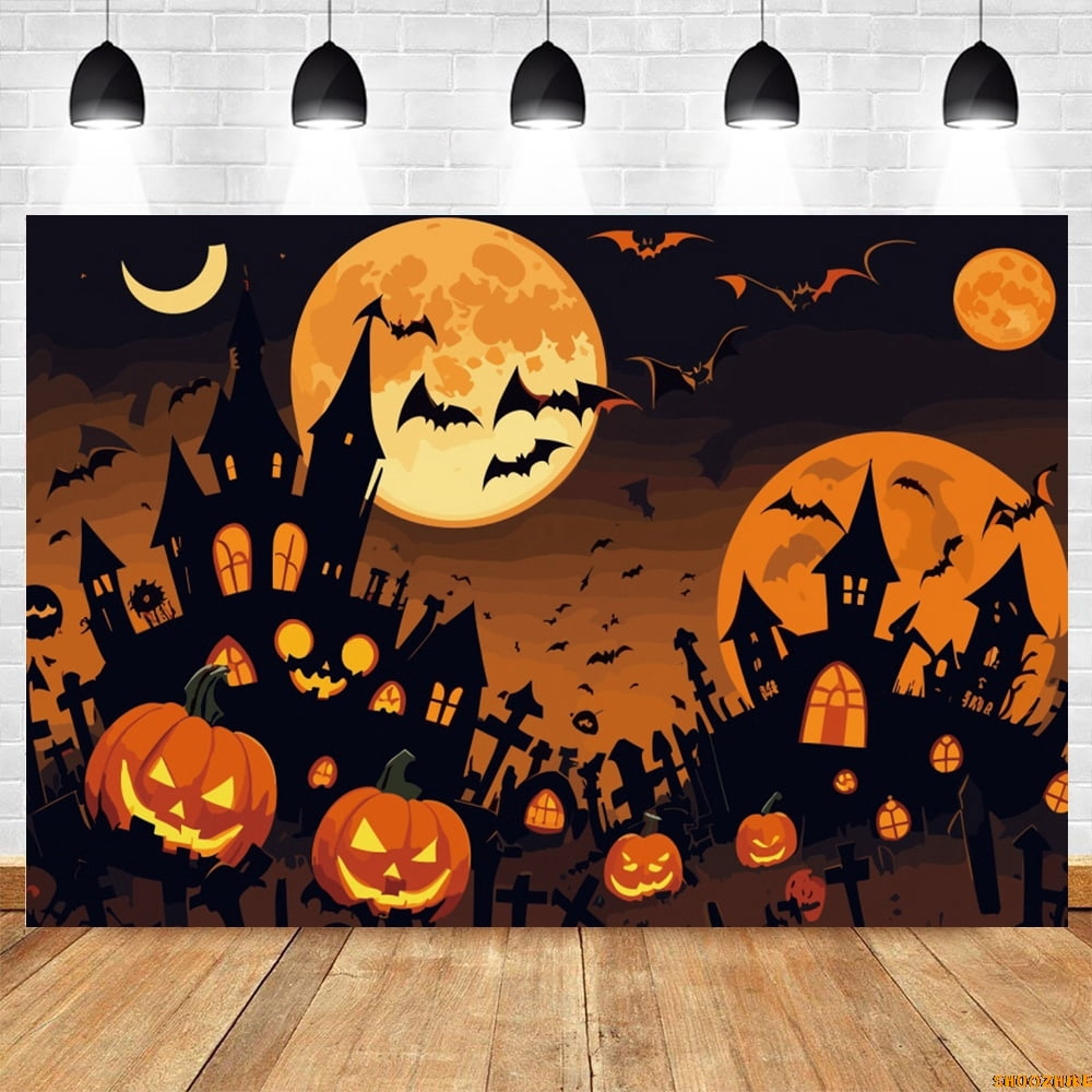 Hallowe Photography Backdrop Full Moon Scary Night Castle Pumpkin ...