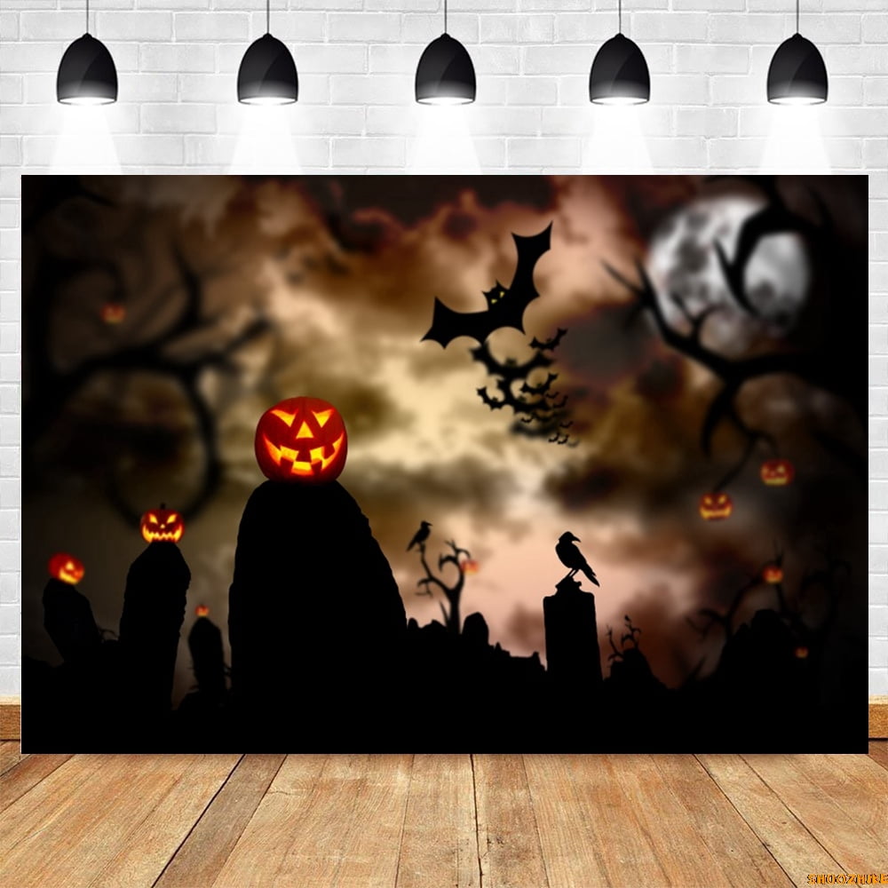Hallowe Photography Backdrop Full Moon Scary Night Castle Pumpkin ...