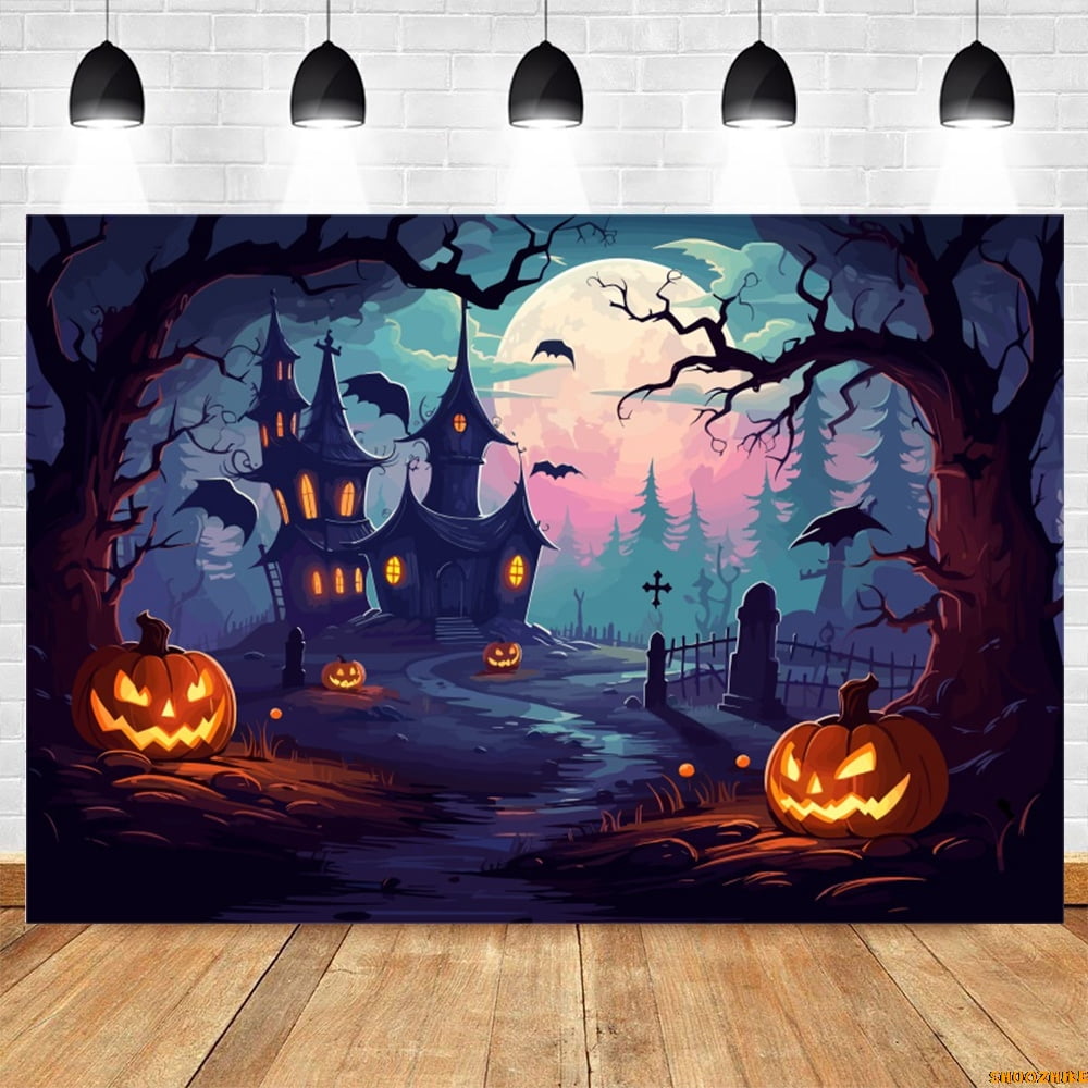 Hallowe Photography Backdrop Full Moon Scary Night Castle Pumpkin ...
