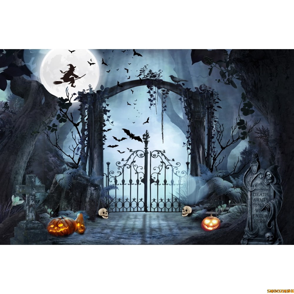 Hallowe Photography Backdrop Horror Night Moon Scary Skull Graveyard ...