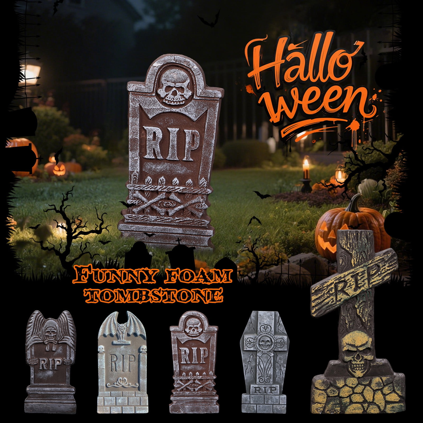 Halloween 12-Piece Halloween Tombstone Set - Lightweight 3D Foam Grave ...