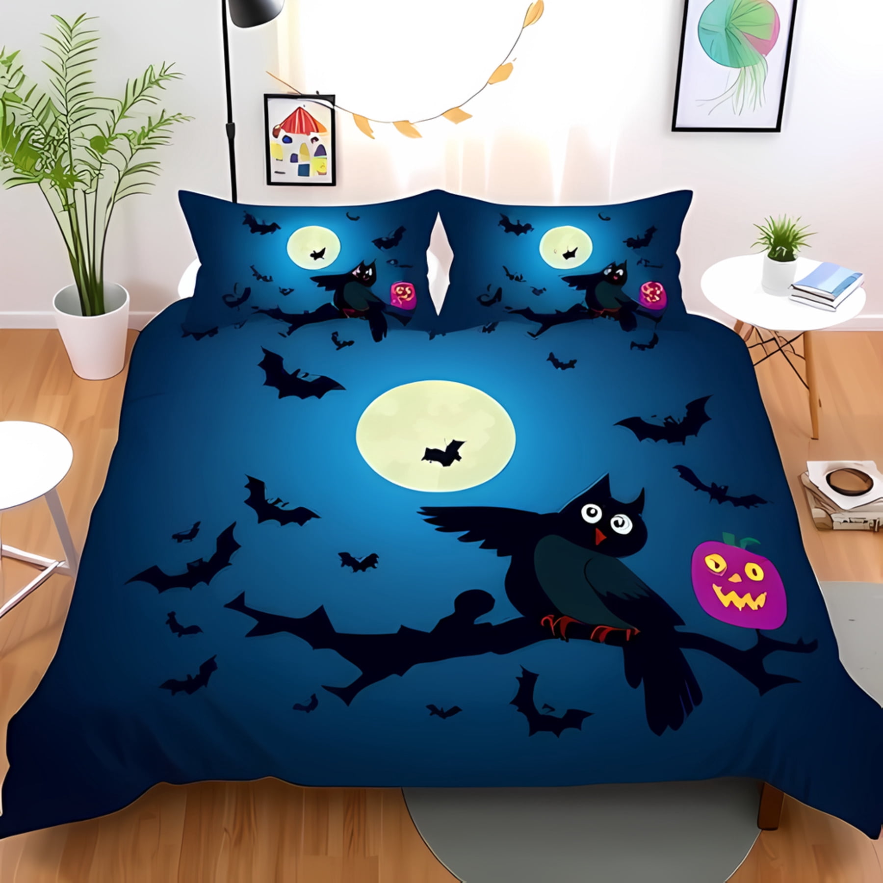 Halloween 3-Piece Duvet Cover Set - Full Moon Bats Black Owl & Design ...