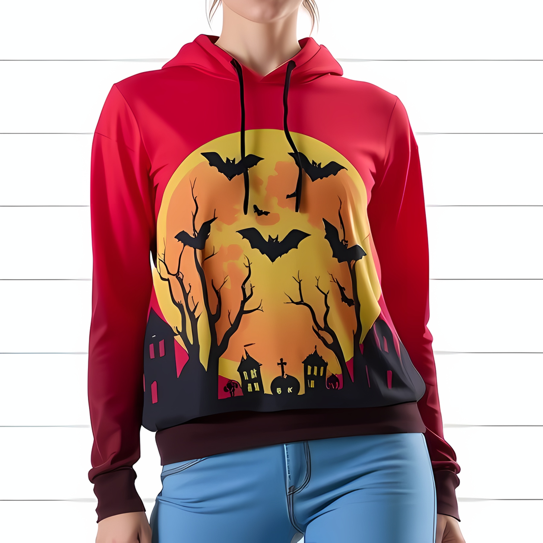 Halloween 3D Graphic Hoodie for Women - Red with Moon Bats & Spooky ...