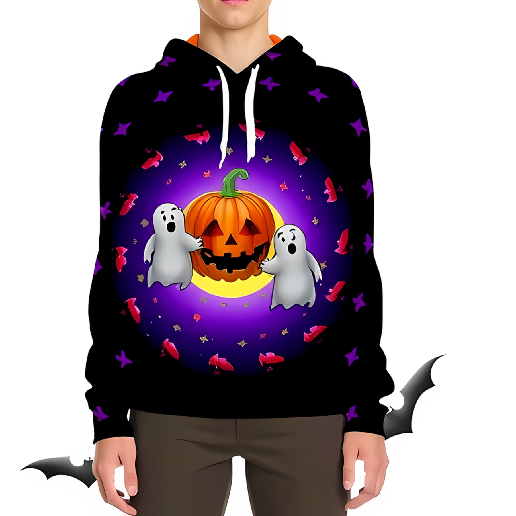 Halloween 3D Hoodie with Friendly Ghosts & Grinning on Purple Sky Black ...