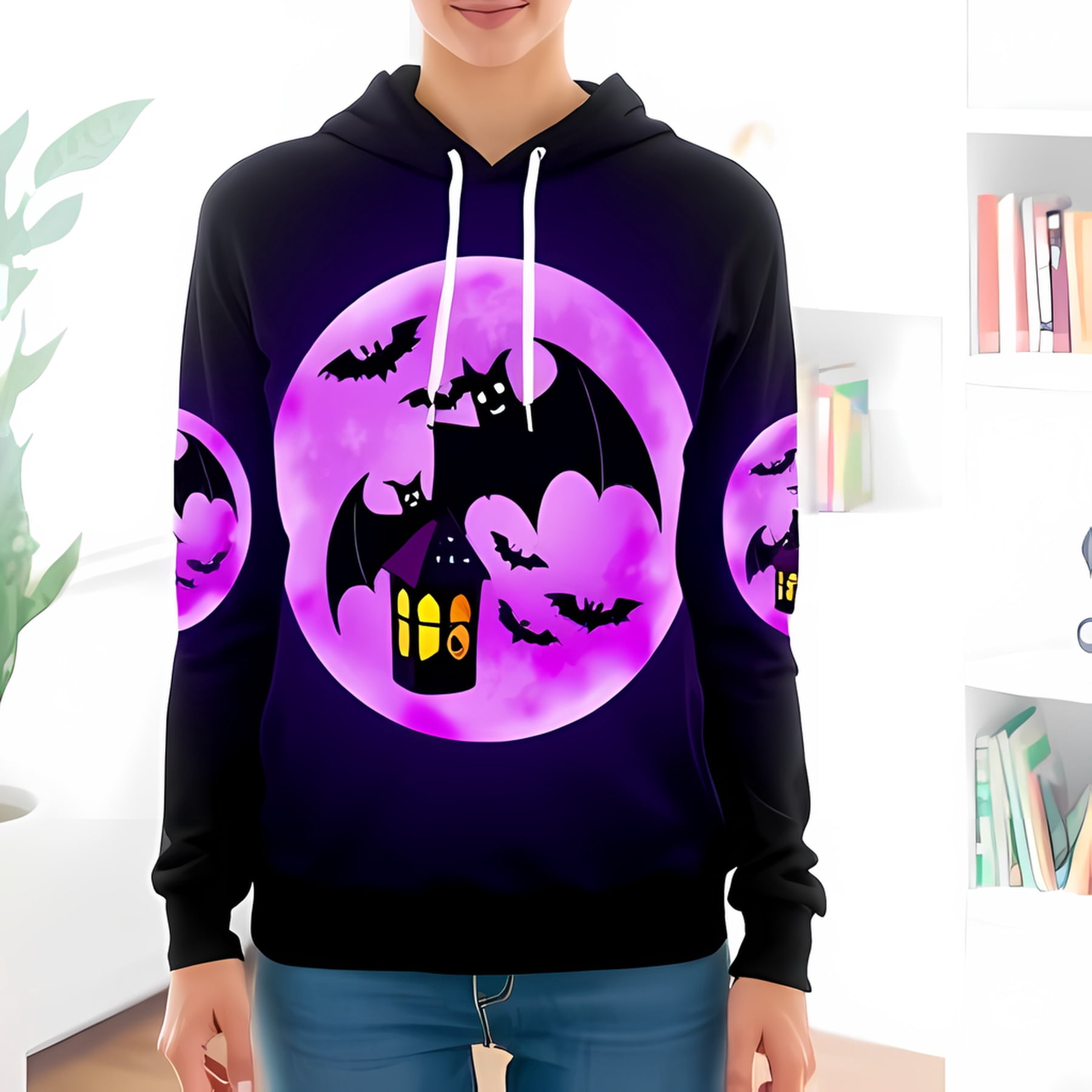 Halloween 3D Hoodie with Purple Full Moon Bats & Spooky House Design ...