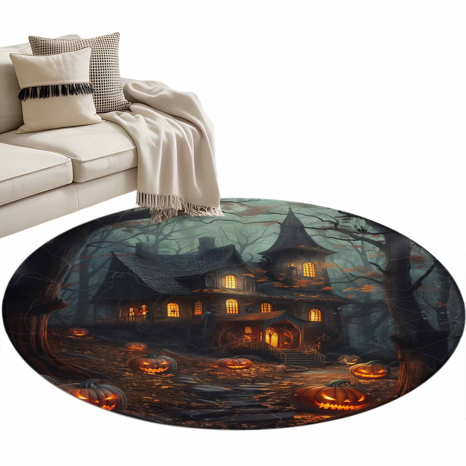 Halloween 3ft Area Rug, Castle Forest Pumpkin Vintage Bats Cottage ...