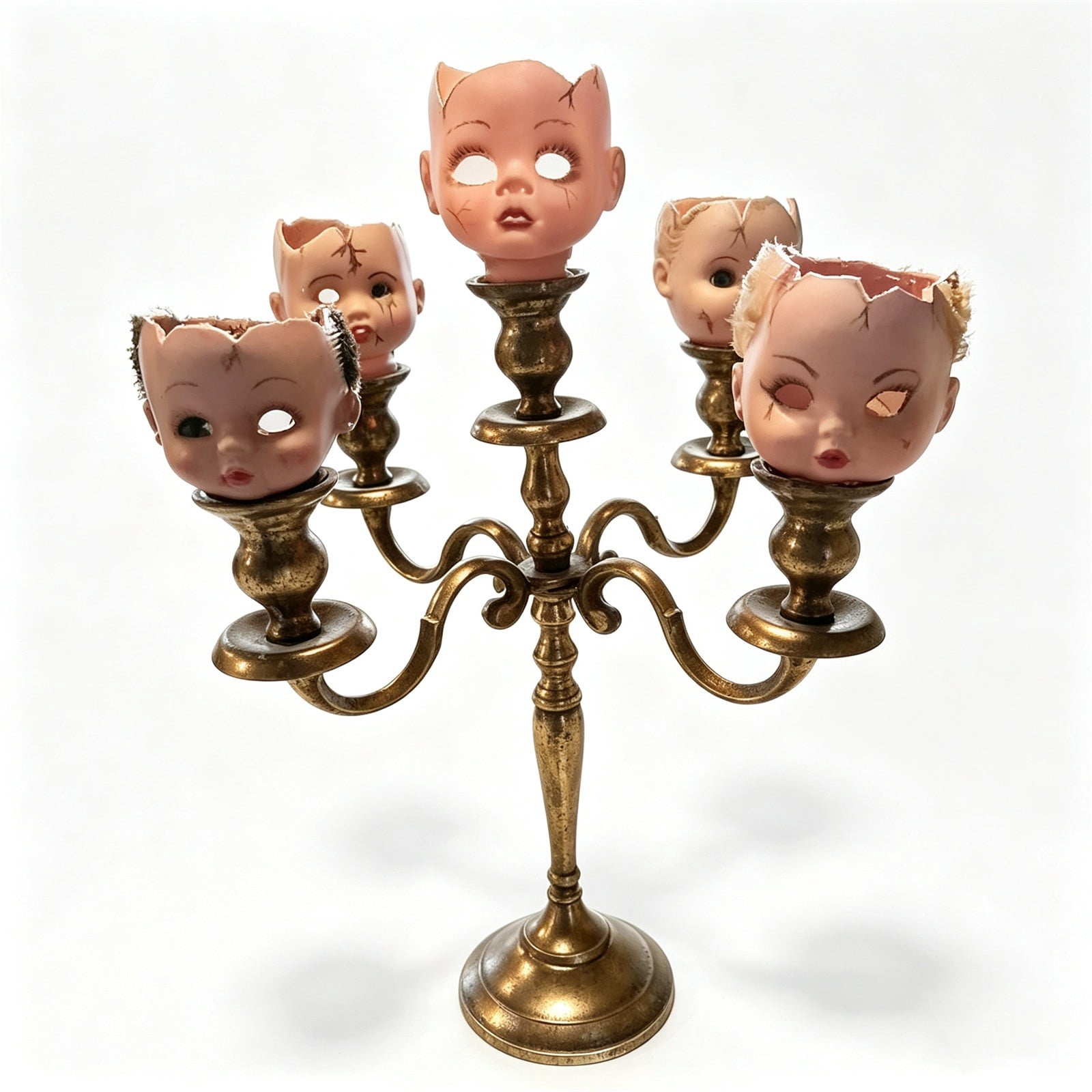 Halloween 5-Arm Doll Head Candle Holders, Vintage Creepy Damaged Doll ...