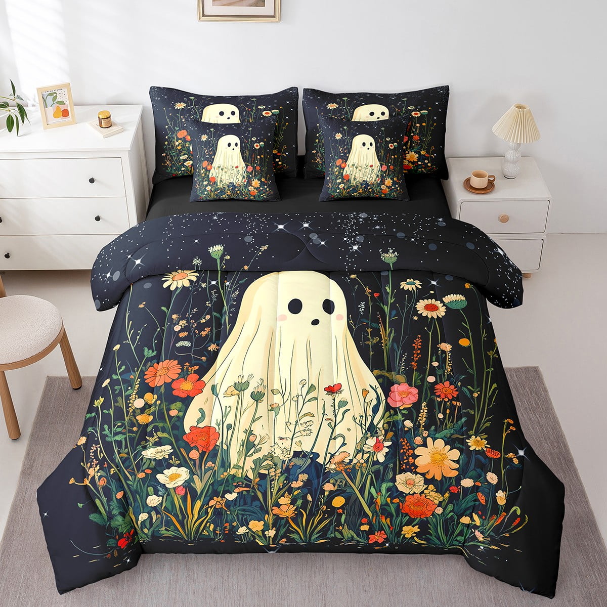 Halloween 7 Pcs Bed in a Bag White Ghost Bedding Set Queen for Boys ...
