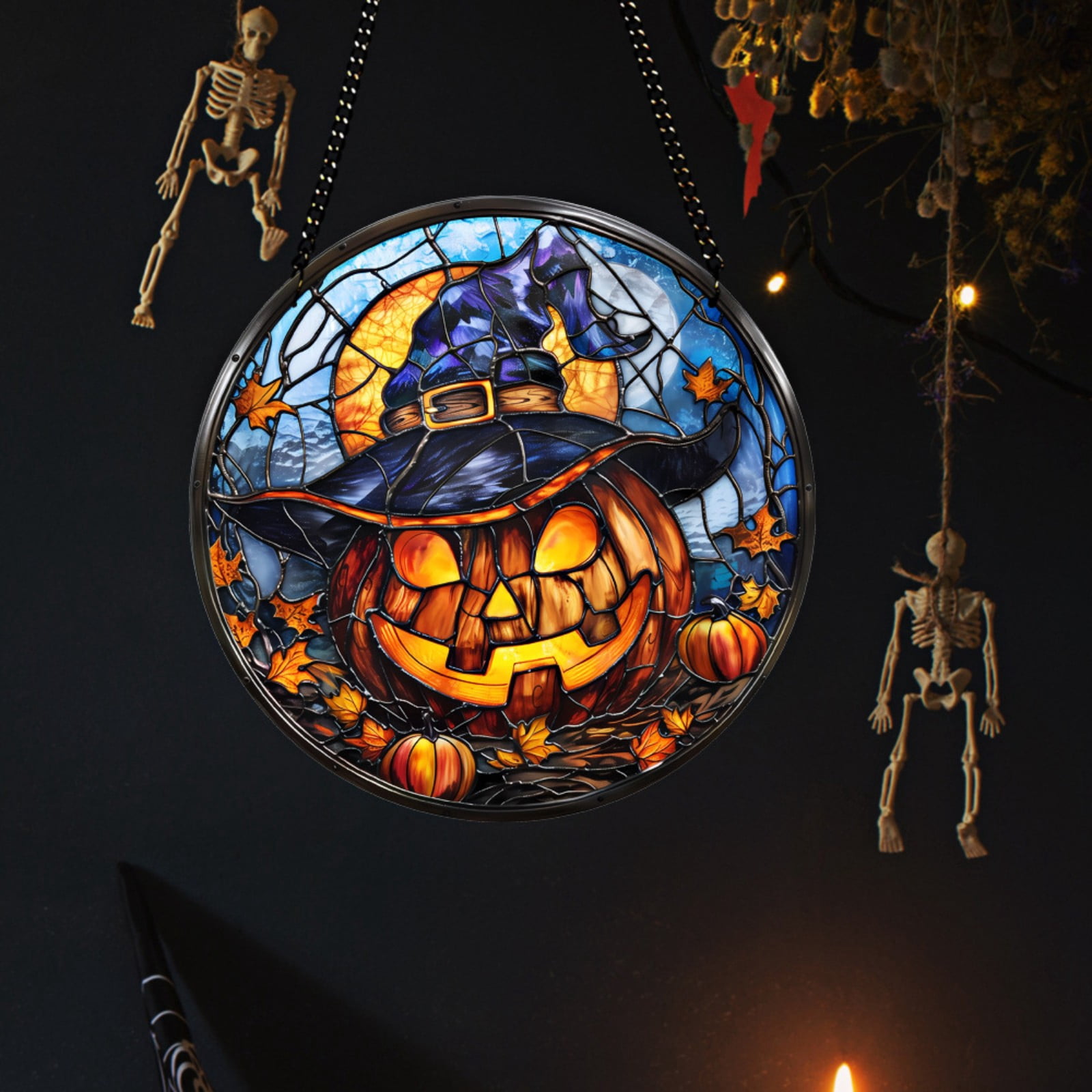 Halloween Acrylic Stained Glass Window Hanging Decor Pumpkin with Witch ...