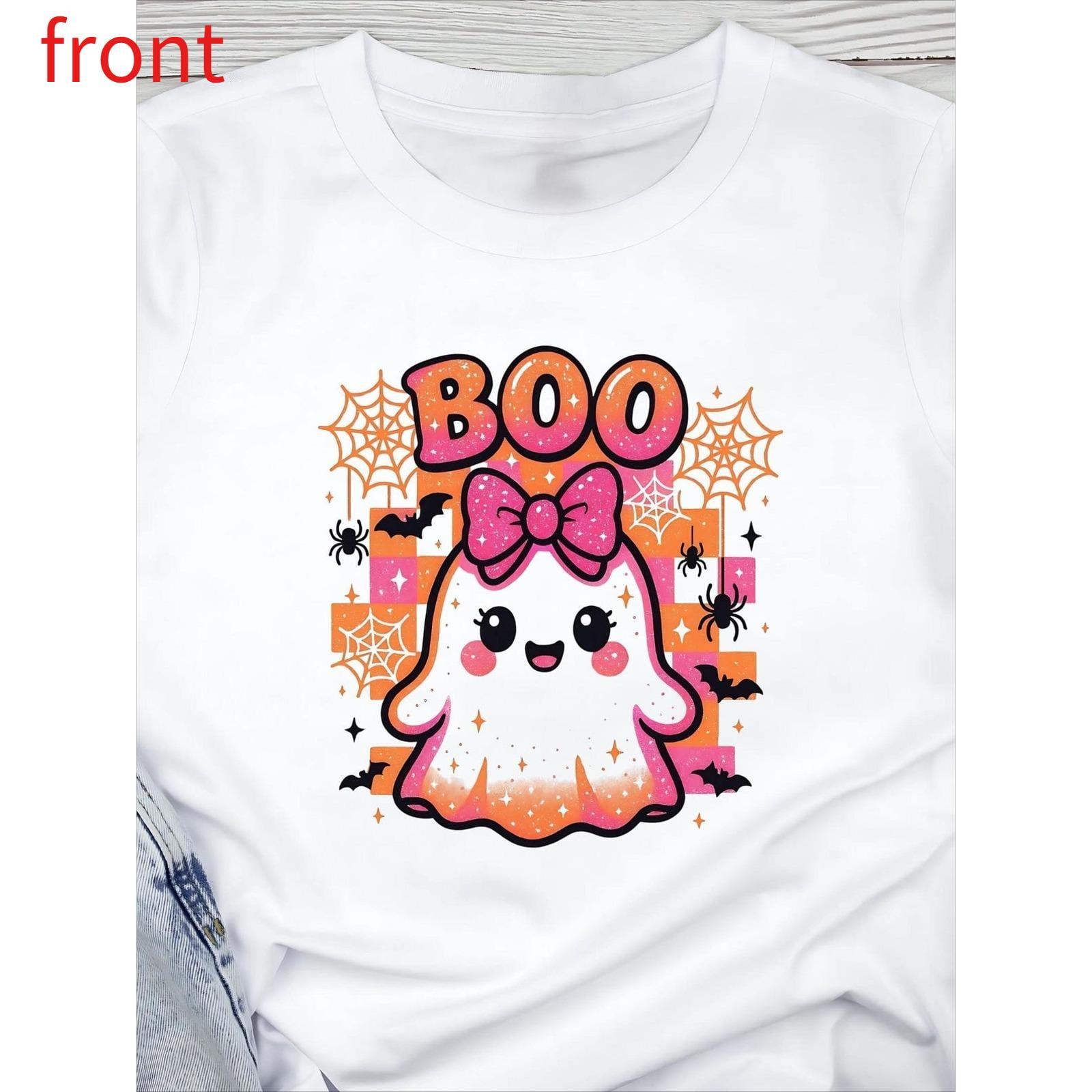 Halloween Adorable Ghost Pattern Tee, With "BOO" Slogan and Spider Web ...