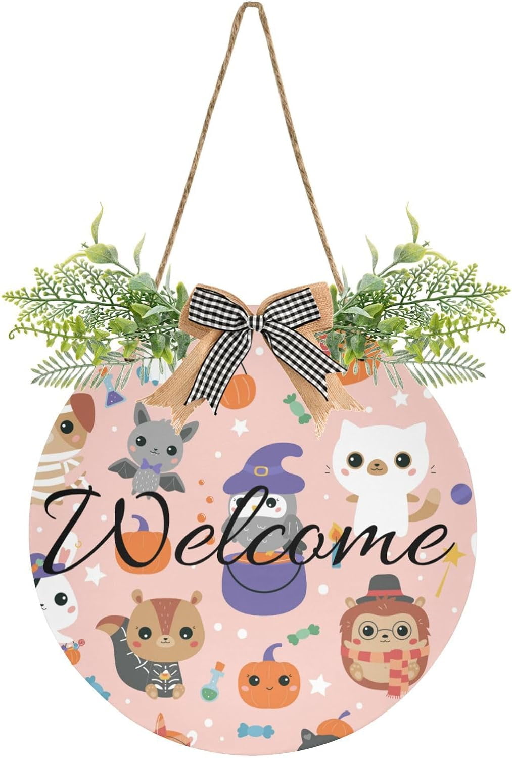 Halloween Animals Welcome Sign Front Door Round Wall Door Sign with ...