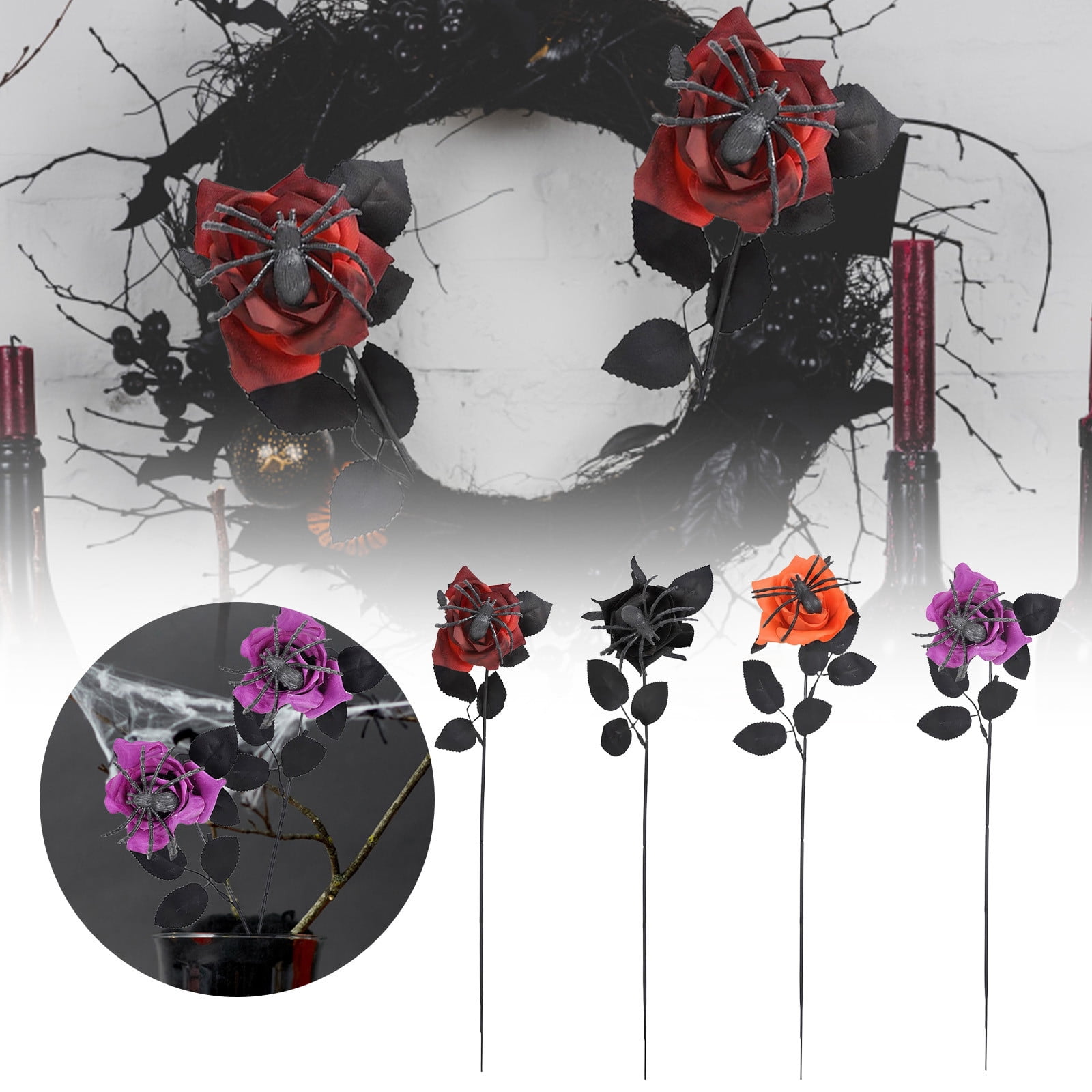 Halloween Artificial Rose Bouquet - 4PCS Spider Silk Flowers with Black ...