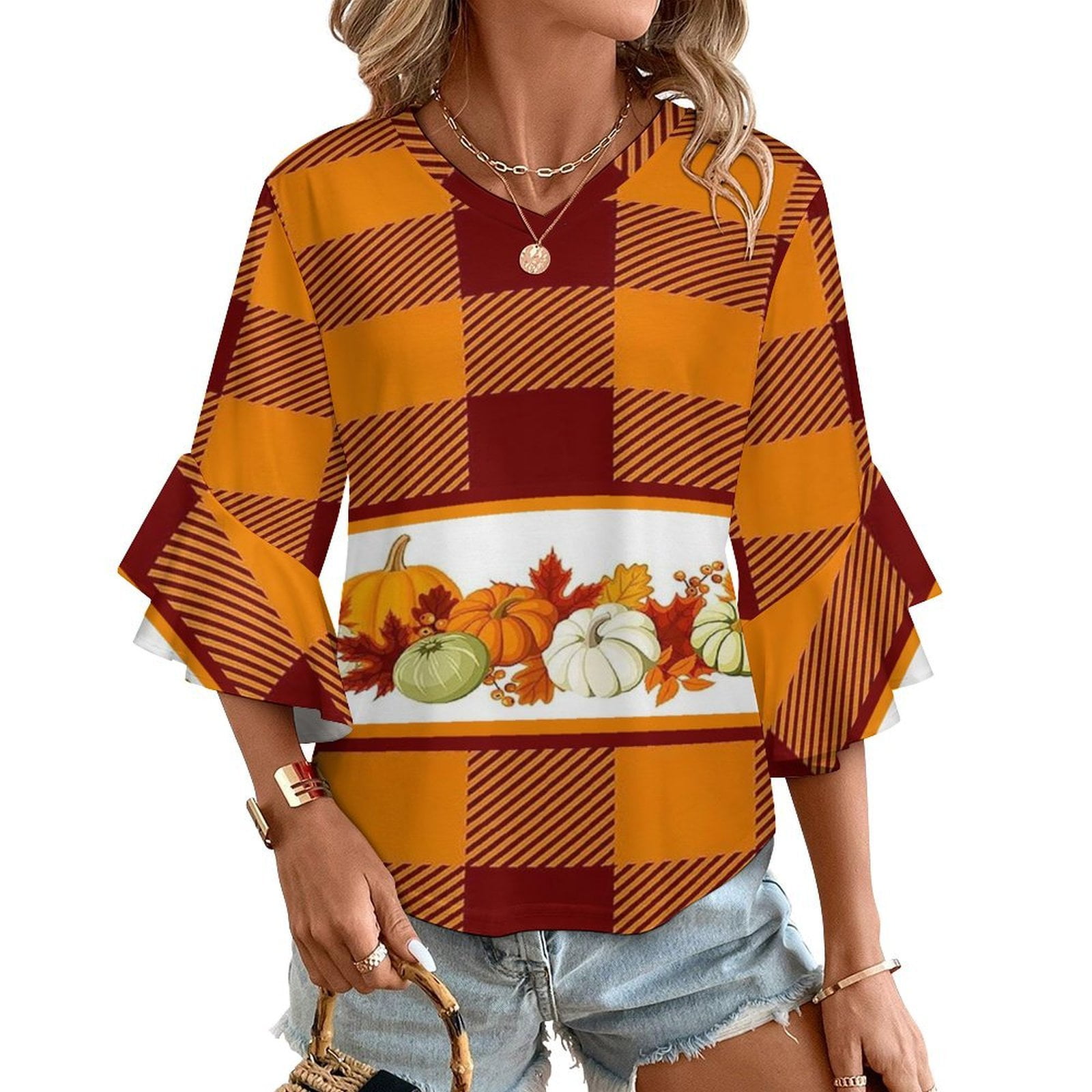 Halloween Autumn Fall Leaves Pumpkin Women's V-Neck Blouse With 3/4 ...