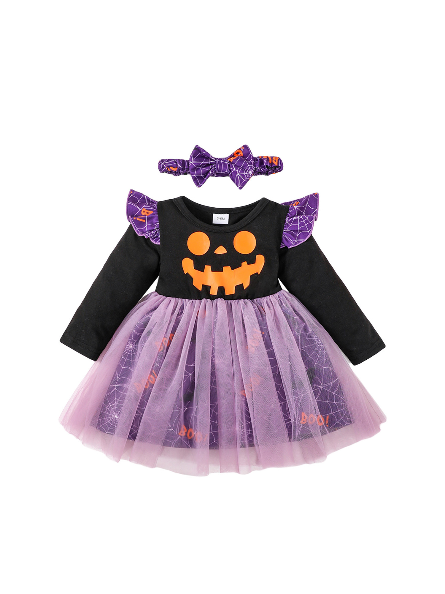 Halloween Baby Girl Dress Long Sleeve Pumpkin Face Tulle A-Line Dress with Headband Fall Outfit ...