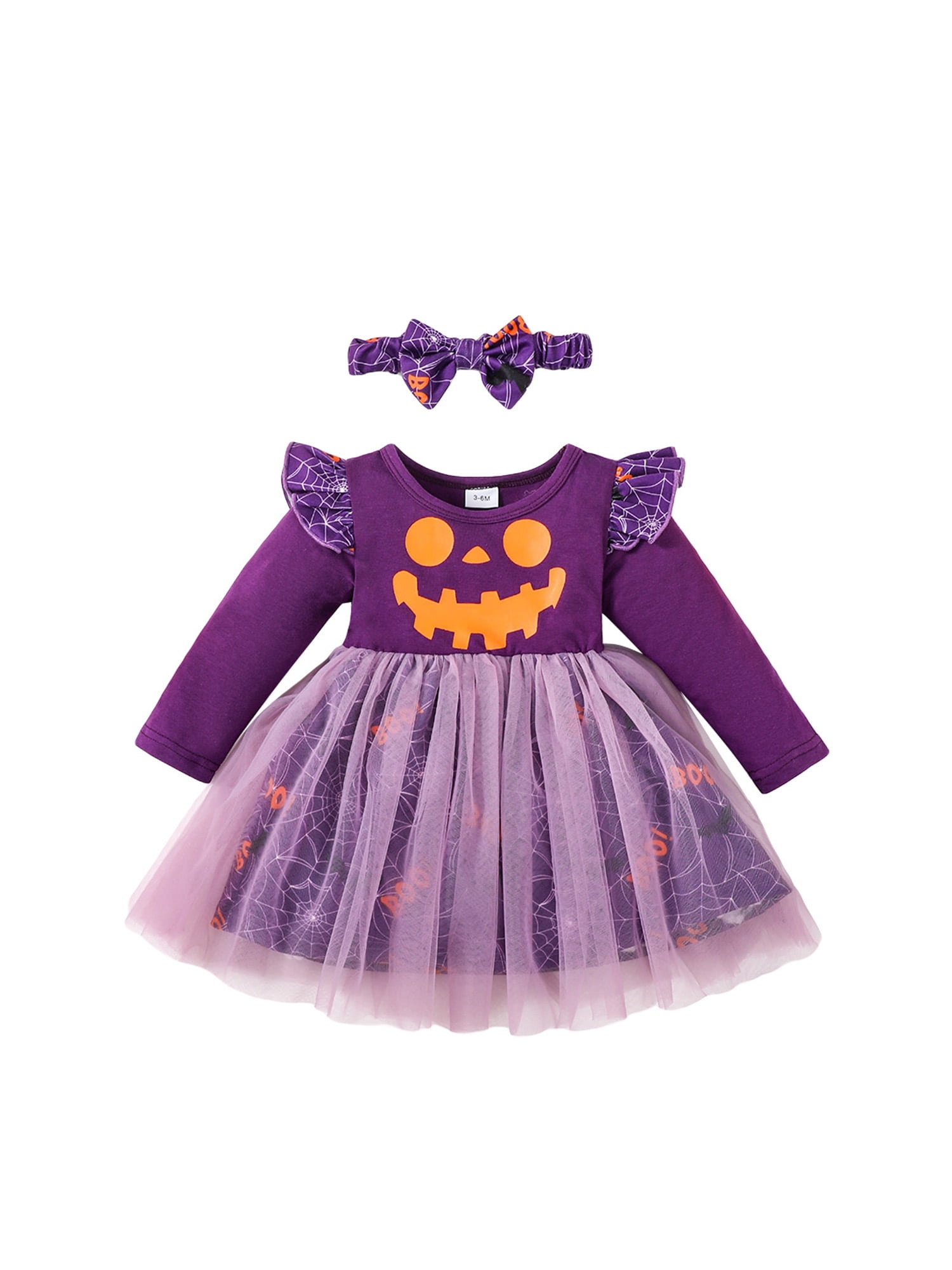 Halloween Baby Girl Dress Long Sleeve Pumpkin Face Tulle A-Line Dress with Headband Fall Outfit ...