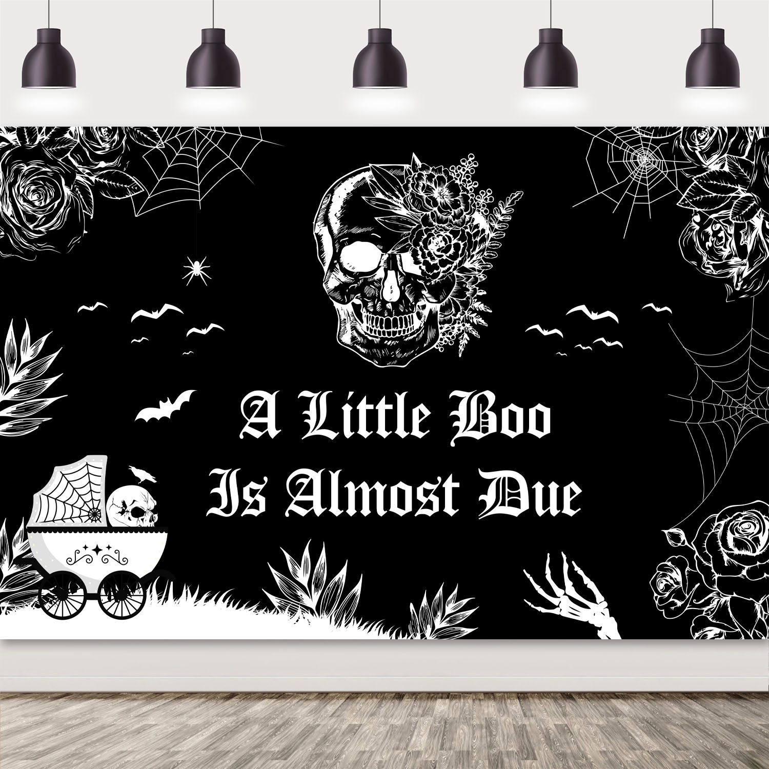 Halloween Baby Shower Backdrop A Little Boo is Almost Due Black Skull ...