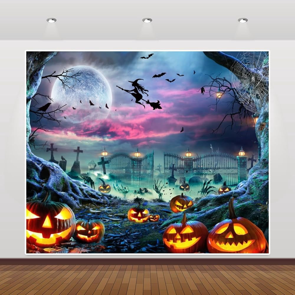 Halloween Backdrop Background 10x8ft Scary Full Moon Pumpkin Cemetery ...