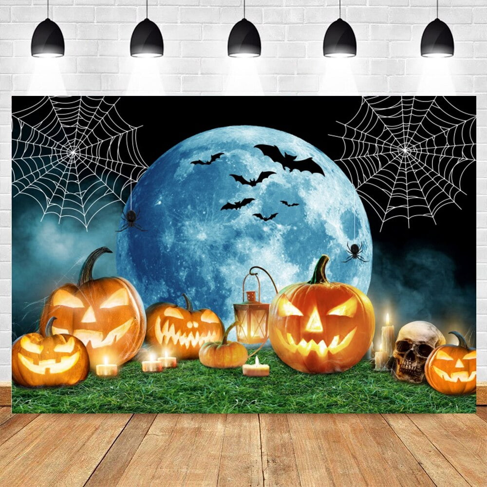 Halloween Backdrop Branches Scary Scene Castle Wall Night Moon ...