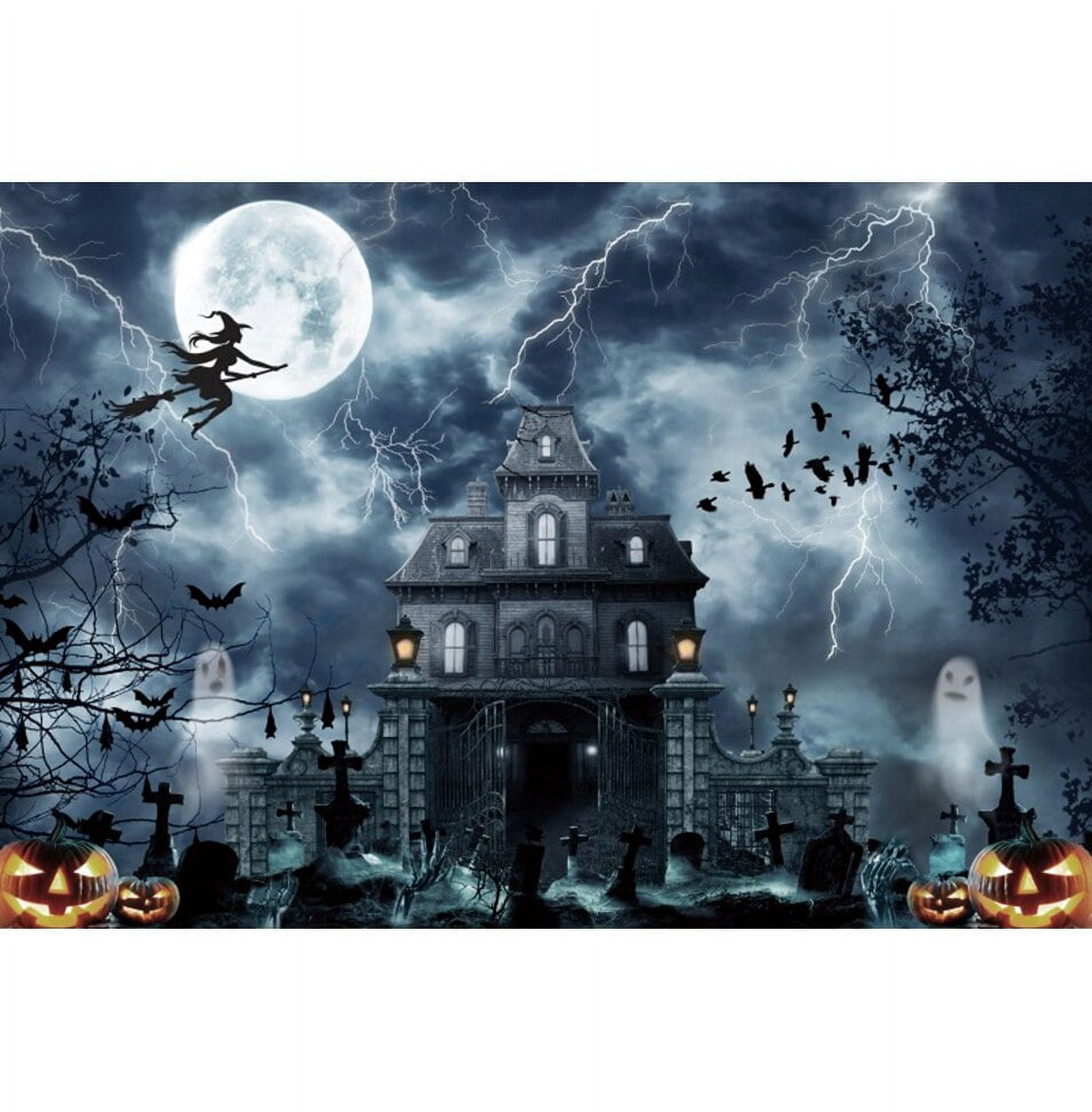 Halloween Backdrop Branches Scary Scene Castle Wall Night Moon ...