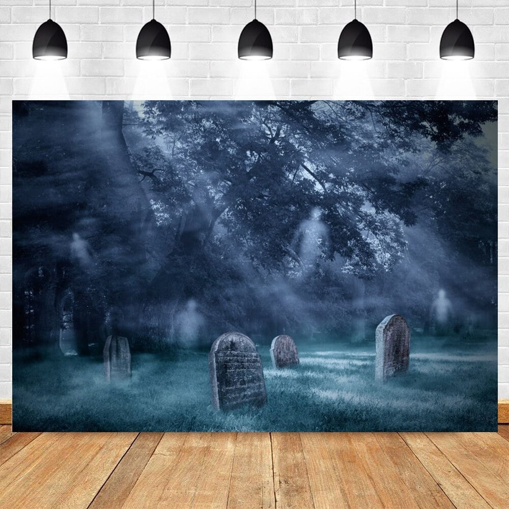 Halloween Backdrop Cemetery Grave Tombstone Forest Tree Scene ...