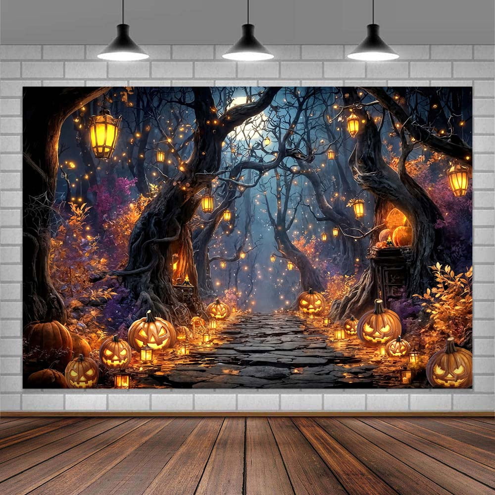 Halloween Backdrop Dark Forest Moon Night Creepy Scene Scary Pumpkin ...