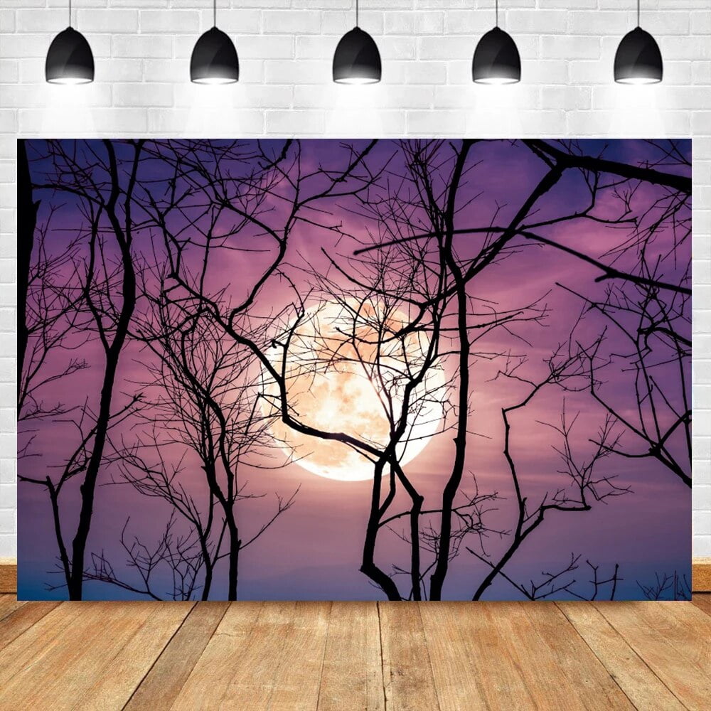 Halloween Backdrop Full Moon Dark Forest Scenic Halloween Eve Night ...