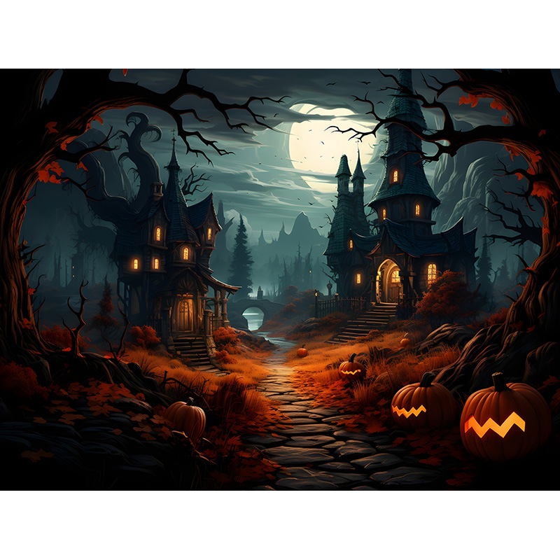 Halloween Backdrop Full Moon Scary House Night Castle Graveyard Forest ...