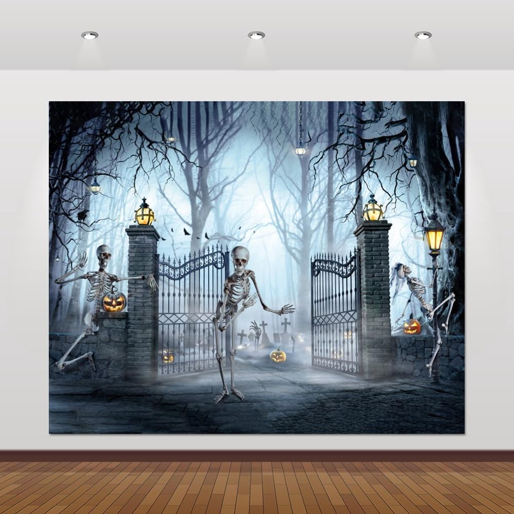 Halloween Backdrop Gloomy Forest Scary Cemetery Graveyard Gate Horror ...