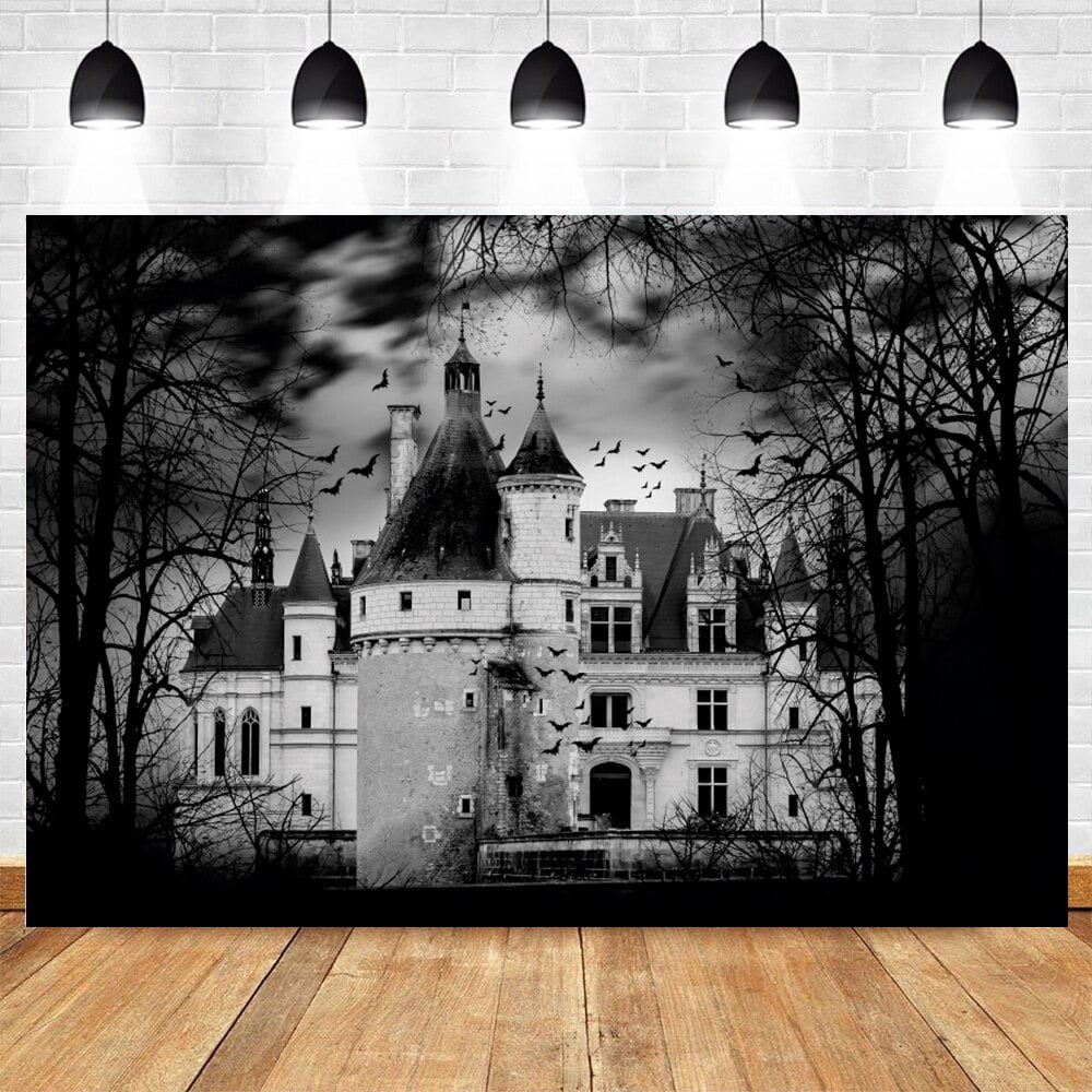 Halloween Backdrop Photo Background Castle Branches Bat Scary Scene ...
