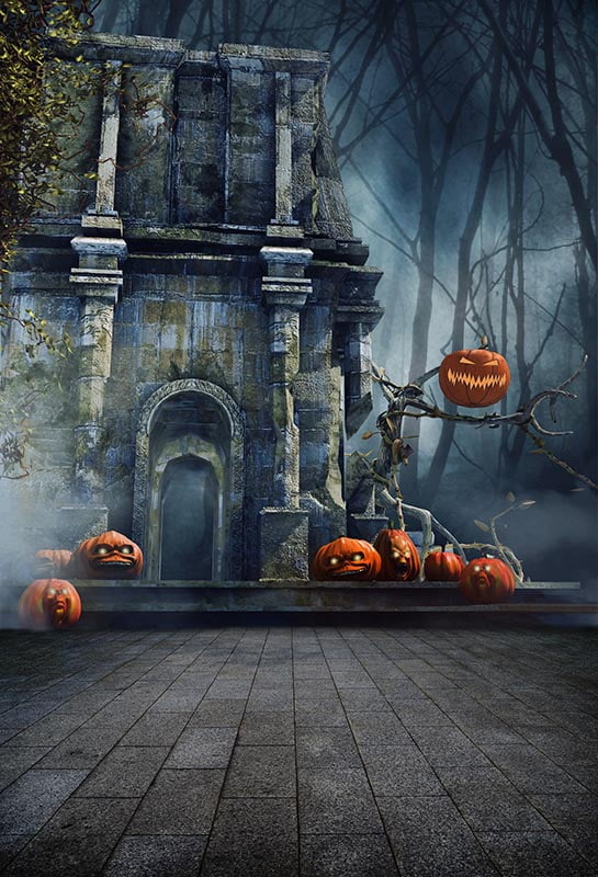 Halloween Backdrop Pumpkins Abandd Castle in the Forest Photography Backdrops Strange ...