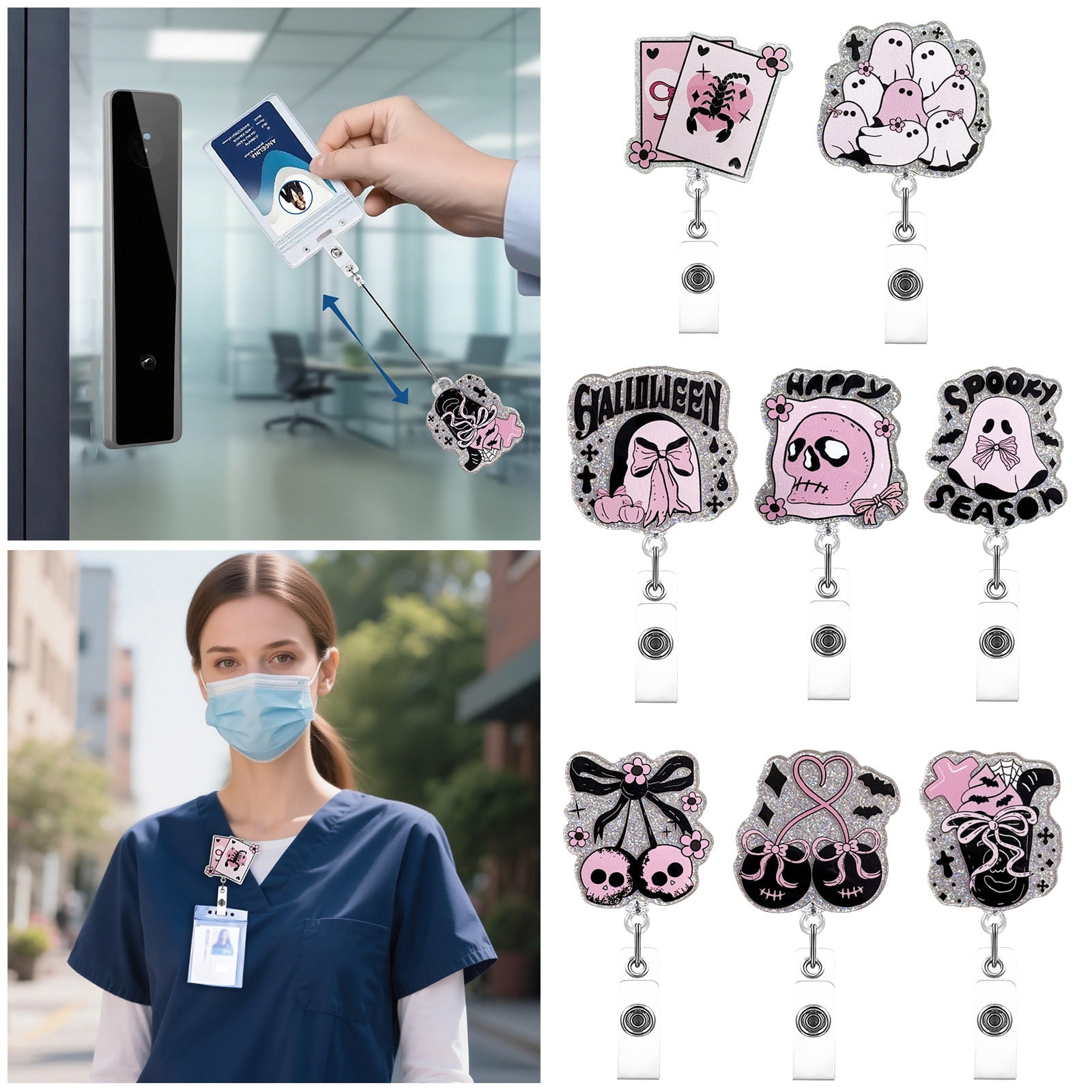 Halloween Badge Reel,Cute Pink Ghost Acrylic Badge for ID Card Badge ...