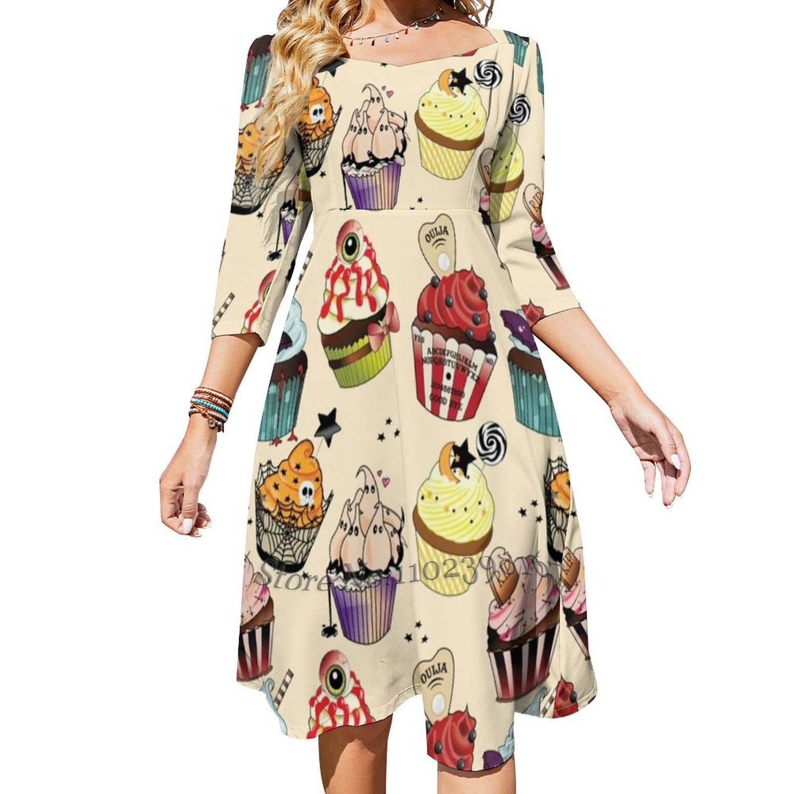 Halloween Bakery Flare Dress Square Neck Dress Elegant Female Fashion ...