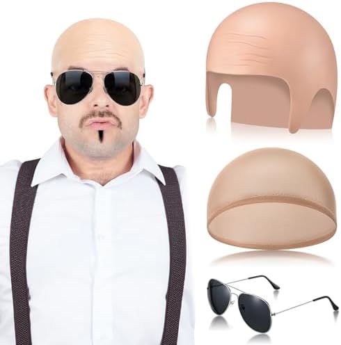 Halloween Bald Caps with Glasses Nylon Bald Head Wig Cap Party Costume ...