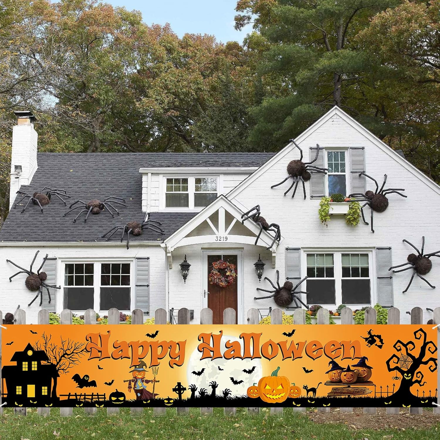 Halloween Banner Outdoor, Large Fabric Happy Halloween Decorations Yard ...