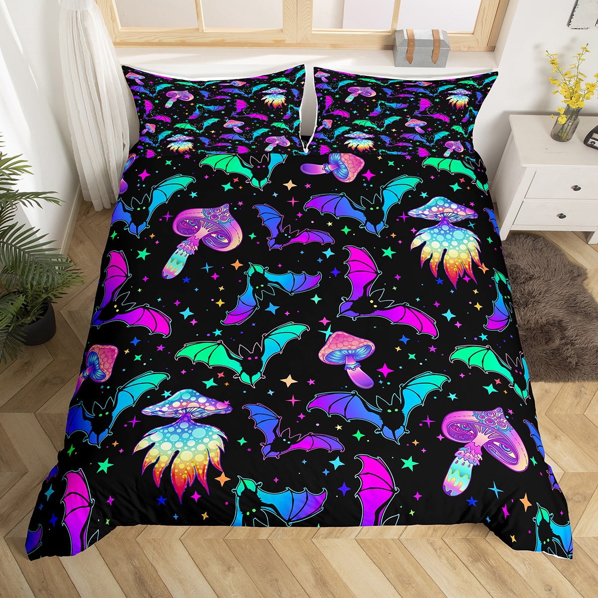 Halloween Bat Bedding Set Queen Size Psychedelic Plant Cute Mushroom ...