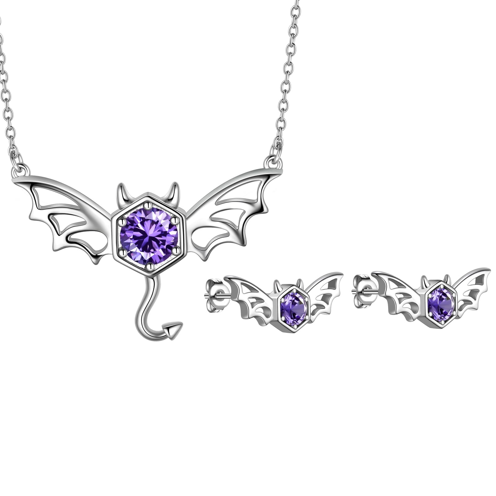 Halloween Bat & Devil Necklace Earrings Jewelry Set Silver-Plated ...