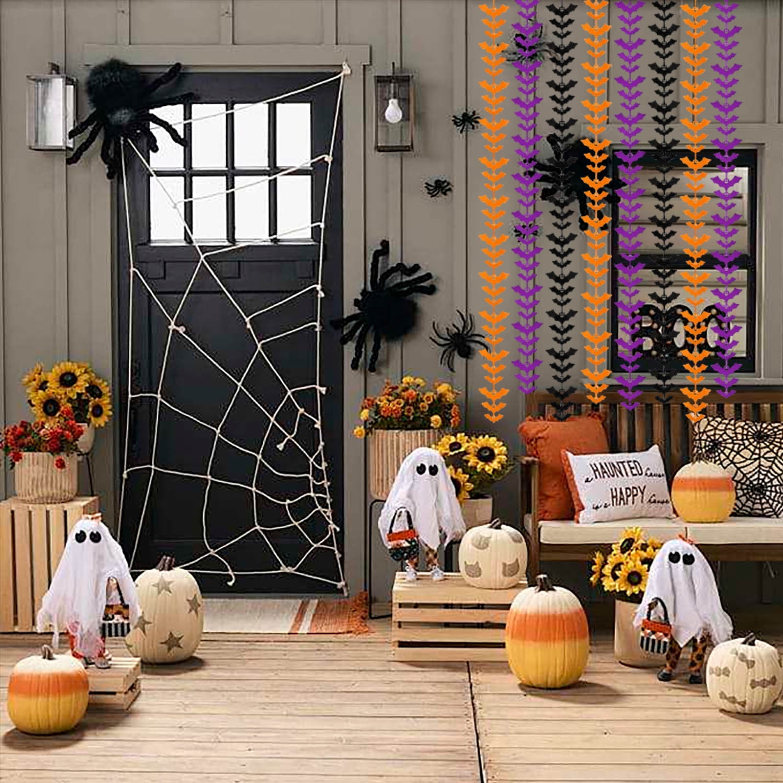 Halloween Bat Pattern Curtains - Gleaming Tinsel Fringe Backdrop for ...