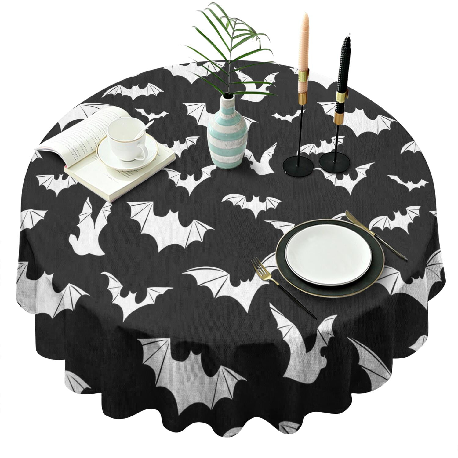 Halloween Bat Pattern Round Tablecloth 60"x60",Wrinkle Wipeable Table ...