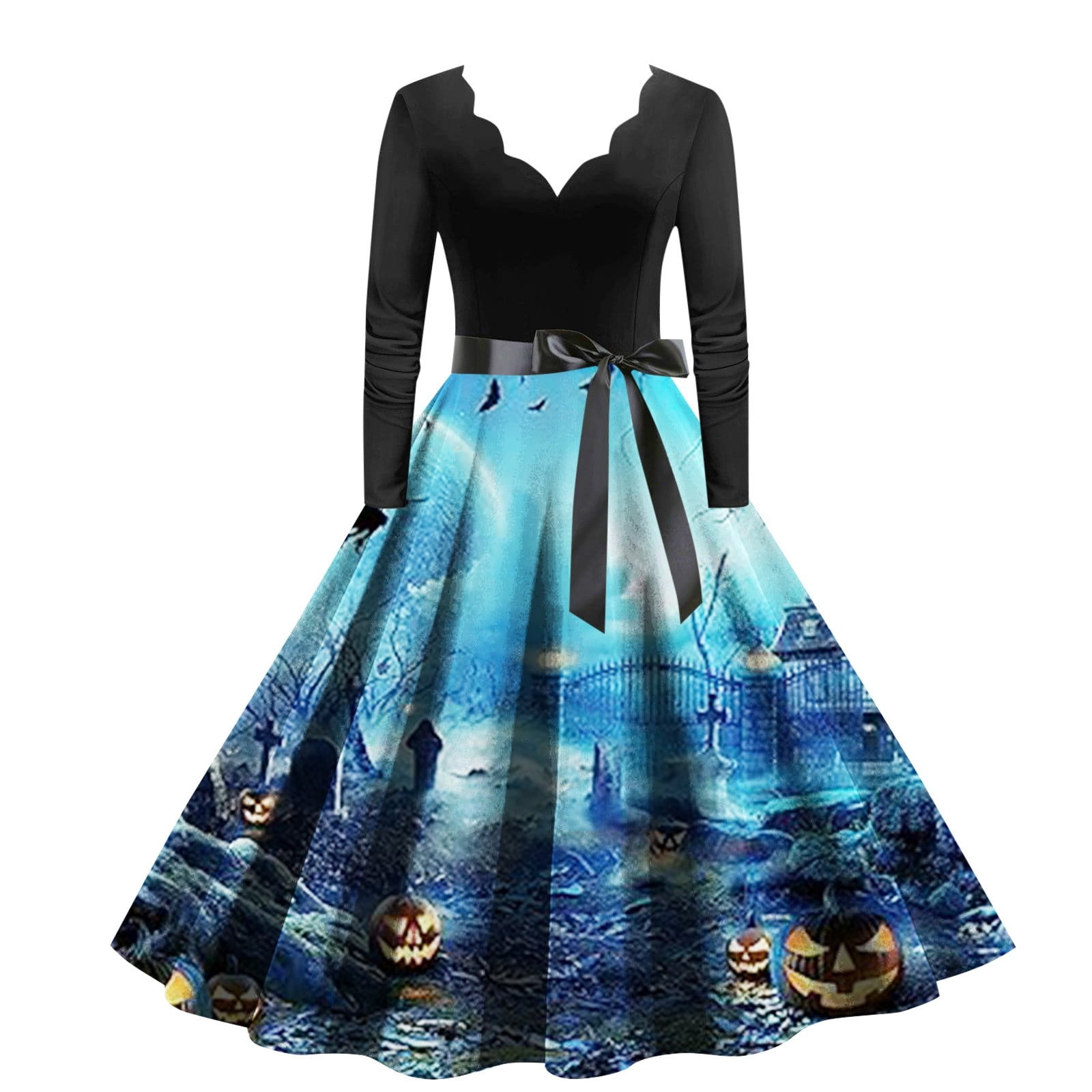 Halloween Bat Pumpkin Printed V Neck Long Sleeve Swing Dress for Women ...