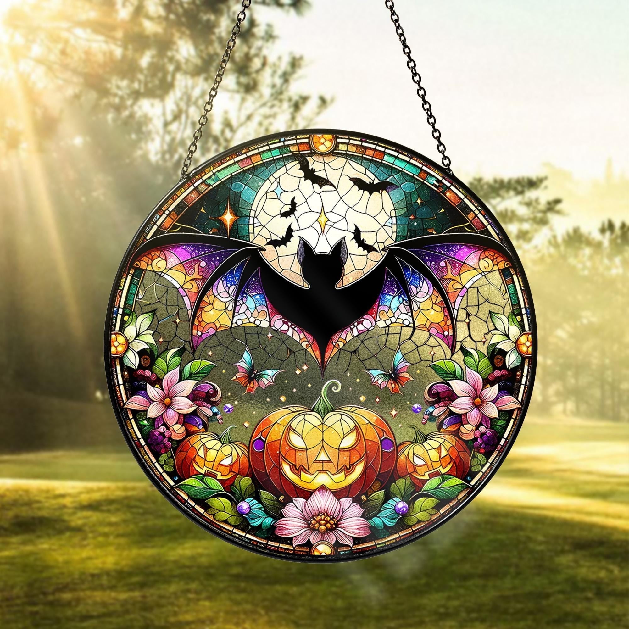 Halloween Bat Stained Glass Suncatcher Gothic Pumpkin Window Hanging ...