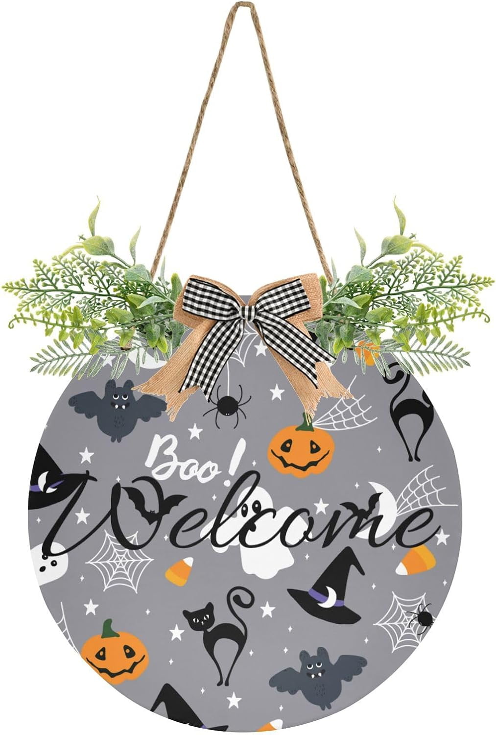 Halloween Bat Welcome Sign Front Door Round Wall Door Sign with Flowers ...